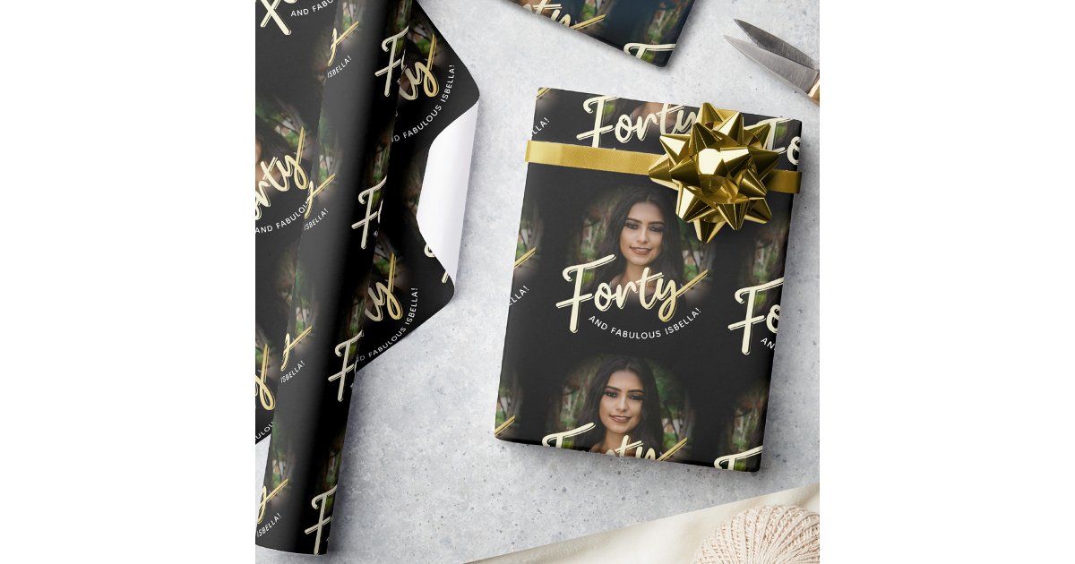Forty 40th Birthday photo script gold custom Wrapping Paper | Zazzle