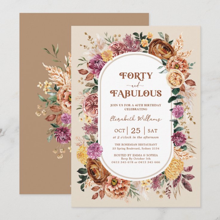 Forty and Fabulous Boho Fall Floral 40th Birthday Invitation | Zazzle