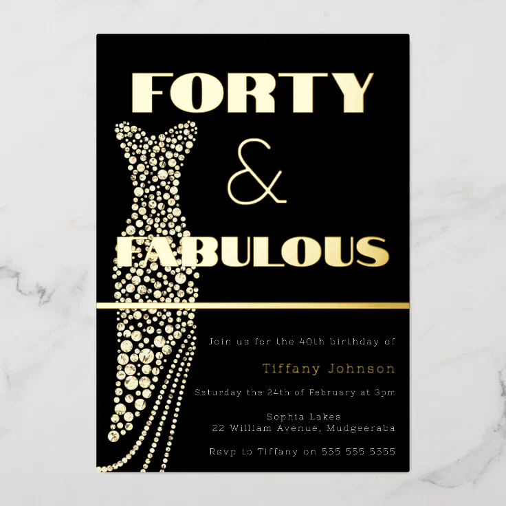 Forty & Fabulous Vintage Dress Gold 40th Birthday Foil Invitation | Zazzle
