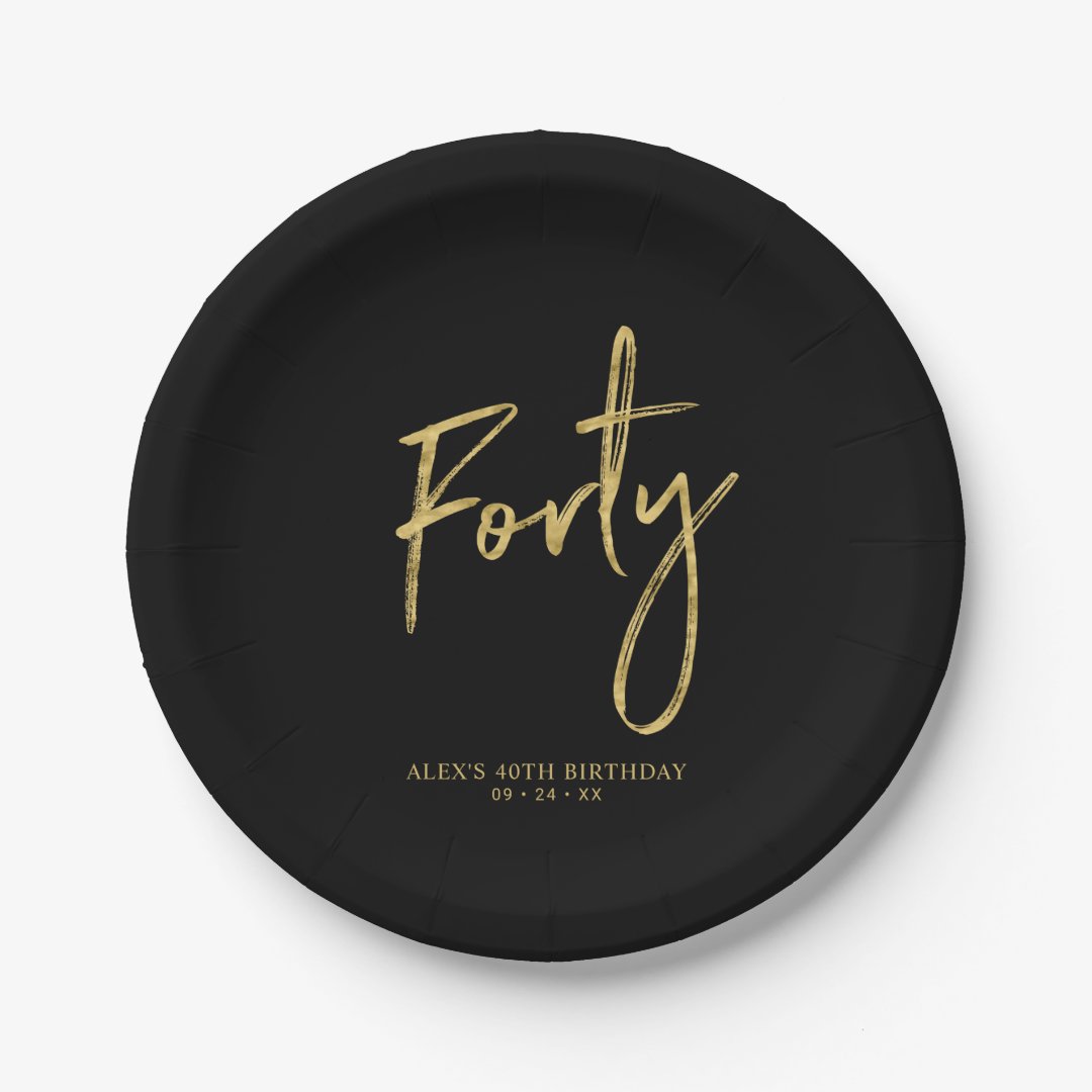 Forty | Gold & Black Lettering 40th birthday Paper Plates | Zazzle