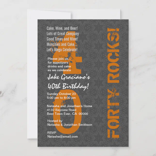 Forty Rocks! 40th Birthday Gray Stars Orange Invitation | Zazzle