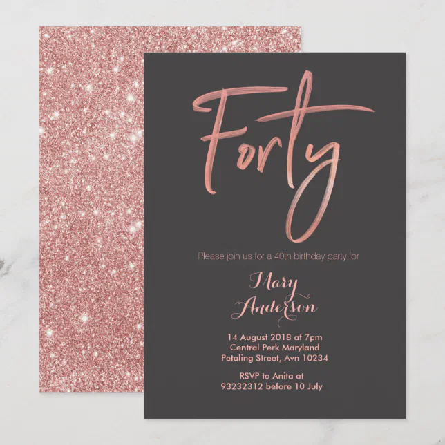Forty Rose Gold 40th Birthday Invitation | Zazzle