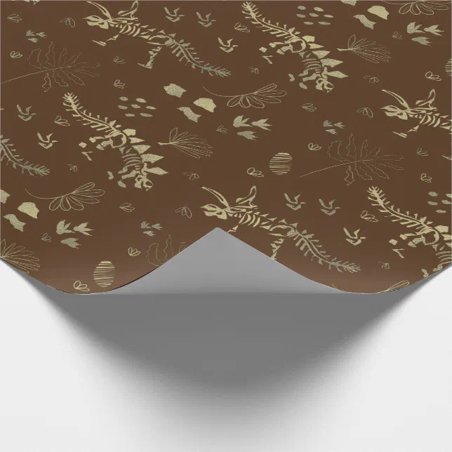 Fossil Digging Dinosaur Brown and Faux Gold Foil Wrapping Paper | Zazzle
