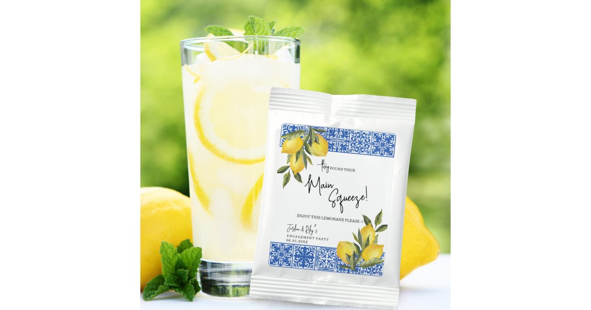 Found Main Squeeze Lemon & Blue Tile Engagement Lemonade Drink Mix | Zazzle