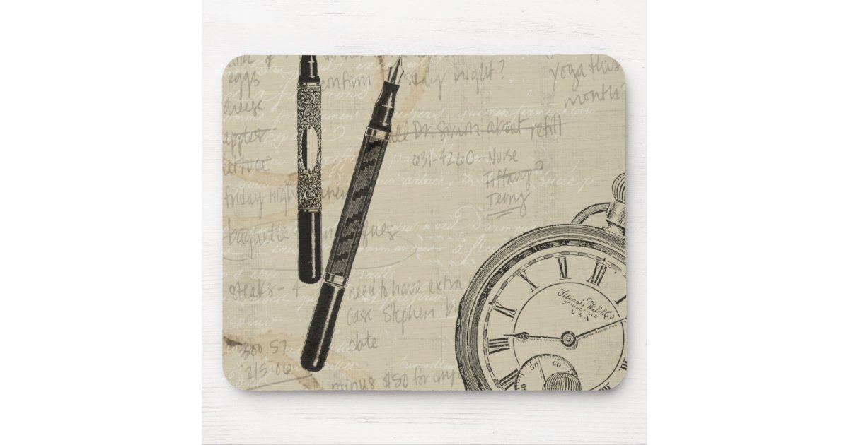 Fountain Pens and Watchface with Notes Mouse Pad | Zazzle