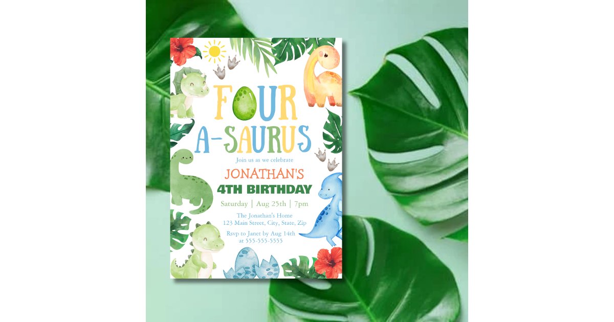 Four A-Saurus Dino 4th Birthday Invitation | Zazzle