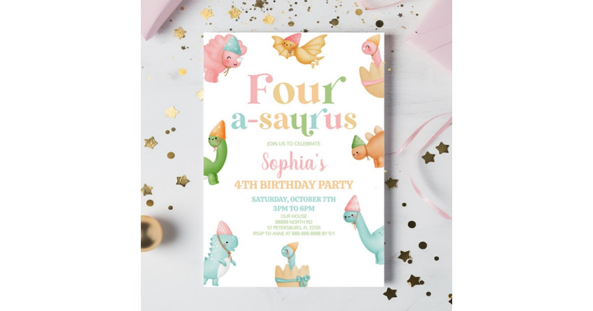 Four A-Saurus Dinosaur 1st First Birthday Party Invitation | Zazzle