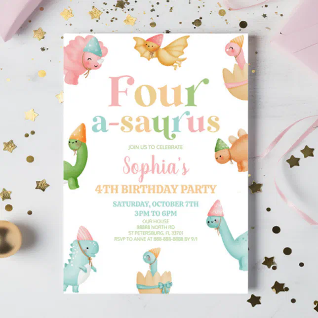 Four A-Saurus Dinosaur 1st First Birthday Party Invitation | Zazzle