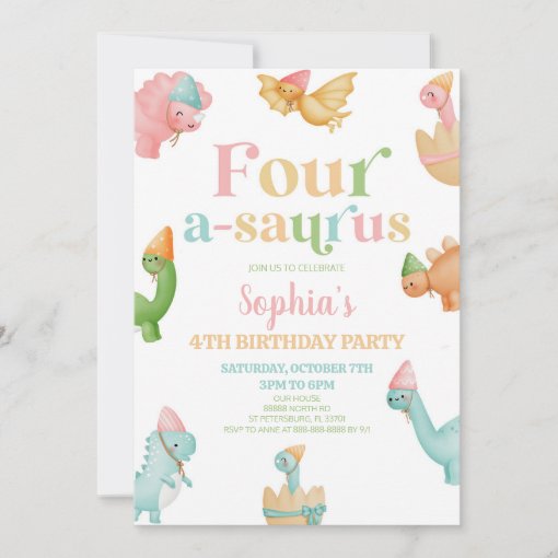 Four A-Saurus Dinosaur 1st First Birthday Party Invitation | Zazzle