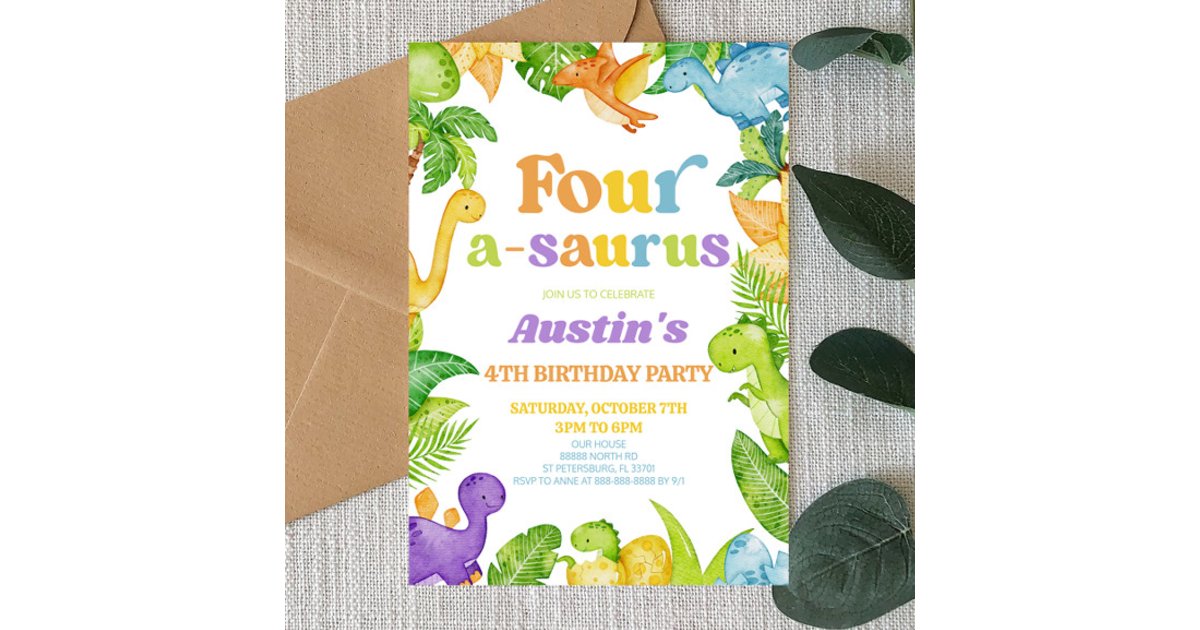 Four A-Saurus Dinosaur 4th Fourth Birthday Party Invitation | Zazzle