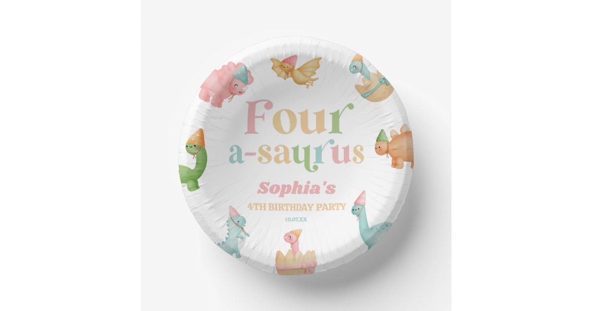 Four A-Saurus Dinosaur 4th Fourth Birthday Party Paper Bowls | Zazzle