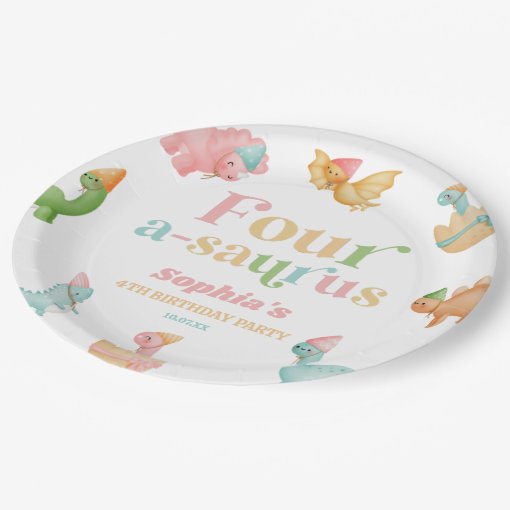 Four A-Saurus Dinosaur 4th Fourth Birthday Party Paper Plates | Zazzle