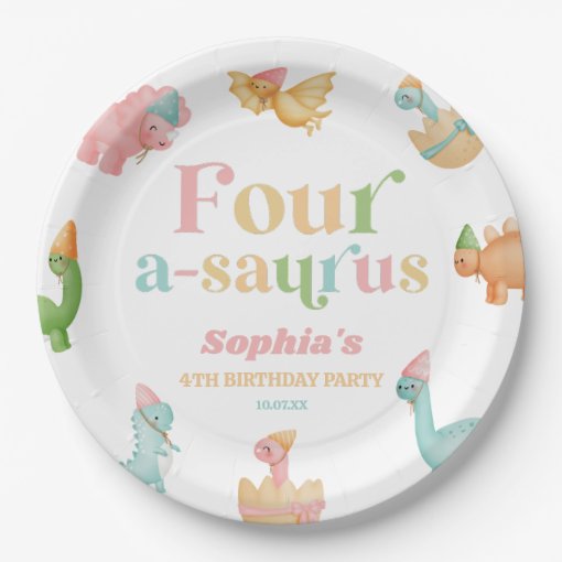 Four A-Saurus Dinosaur 4th Fourth Birthday Party Paper Plates | Zazzle