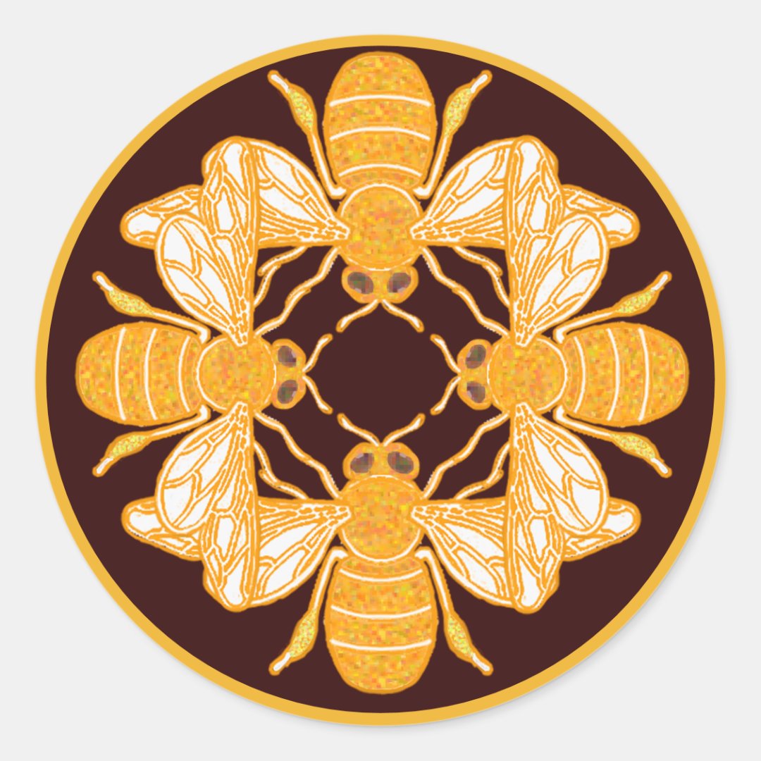 Four bees on dark rich brown gold rim circle classic round sticker | Zazzle