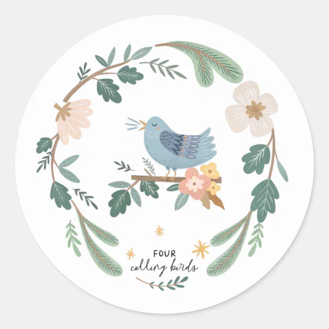 Four Calling Birds 12 Days of Christmas Folk Classic Round Sticker | Zazzle
