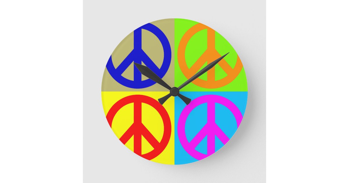 Four Color Pop Art Peace Sign Round Clock | Zazzle