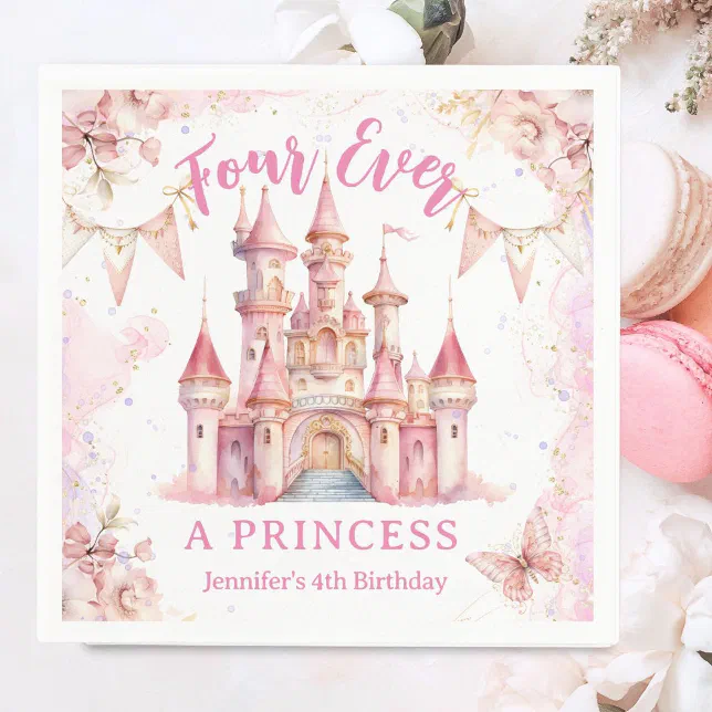 Four Ever A Princess Pink Castle Girl 4th Birthday Napkins | Zazzle