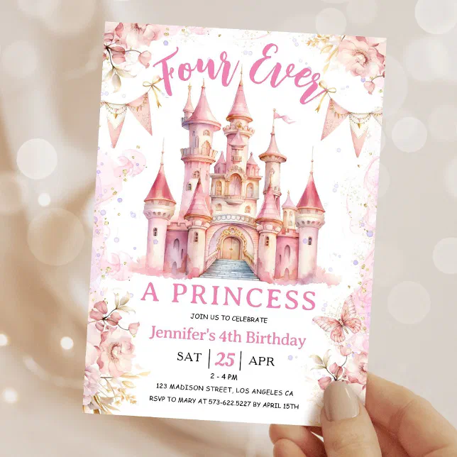 Four Ever A Princess Pink Girl 4th Birthday Party Invitation | Zazzle