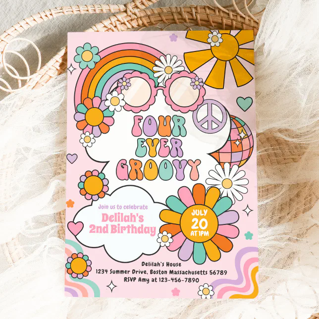 Four Ever Groovy 70s Flower Power Rainbow Birthday Invitation | Zazzle