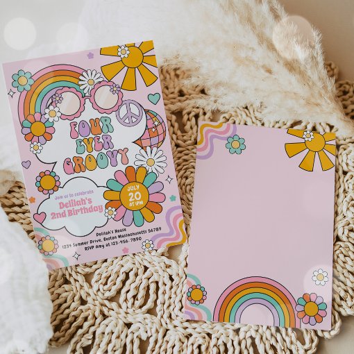 Four Ever Groovy 70s Flower Power Rainbow Birthday Invitation | Zazzle