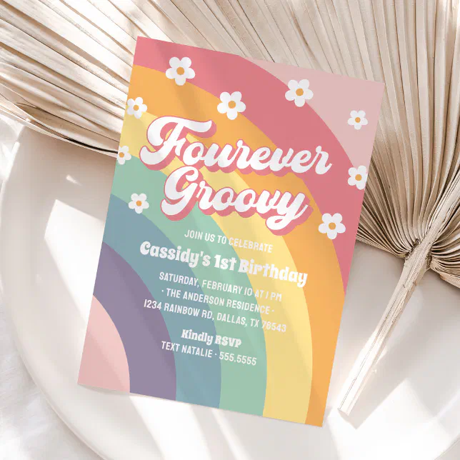 Four Ever Groovy 70s Rainbow Daisy 4th Birthday Invitation | Zazzle