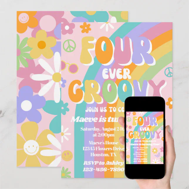 Four-Ever Groovy Birthday Invitation | Zazzle