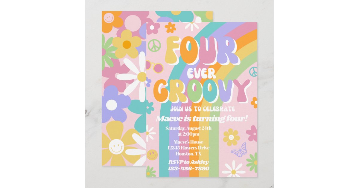 Four-Ever Groovy Birthday Invitation | Zazzle