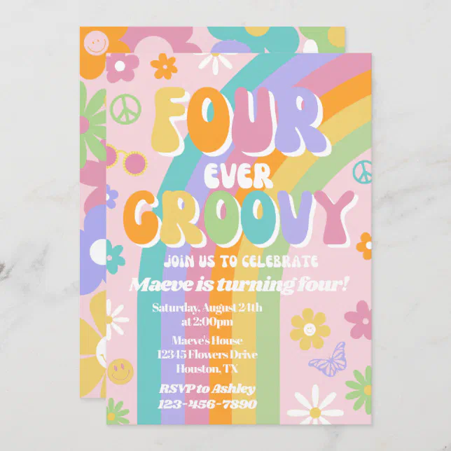 Four-Ever Groovy Birthday Invitation | Zazzle