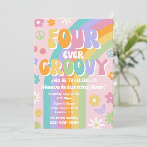 Four-Ever Groovy Birthday Invitation | Zazzle