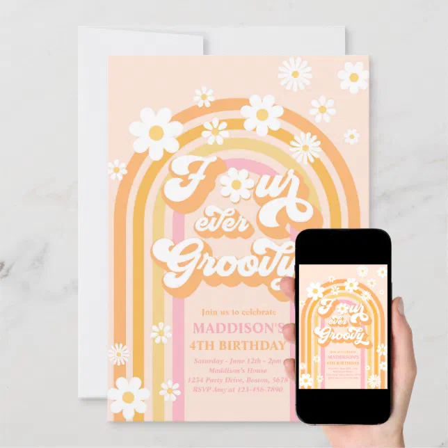 Four Ever Groovy Boho Daisy Rainbow 4th Birthday Invitation | Zazzle