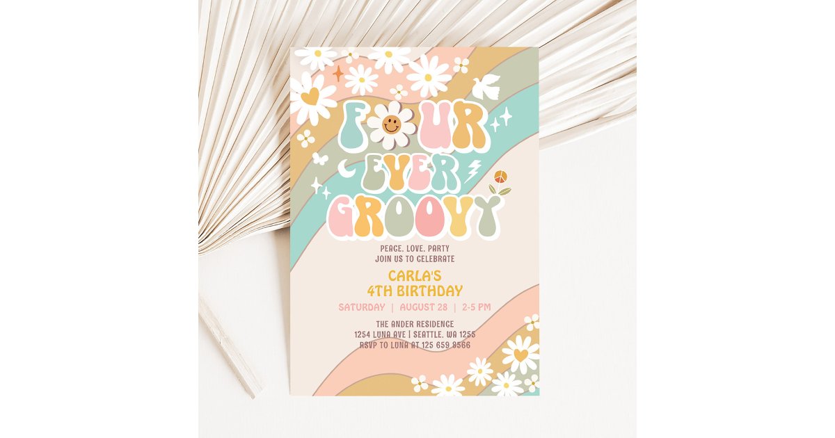 Four Ever Groovy Daisy Hippie 70's Retro Birthday Invitation | Zazzle