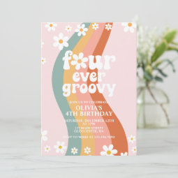Four Ever Groovy daisy rainbow 4th birthday Invitation | Zazzle
