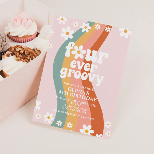 Four Ever Groovy daisy rainbow 4th birthday Invitation | Zazzle