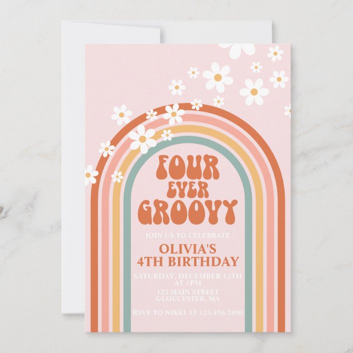 Four Ever Groovy daisy rainbow 4TH birthday Invitation | Zazzle.com