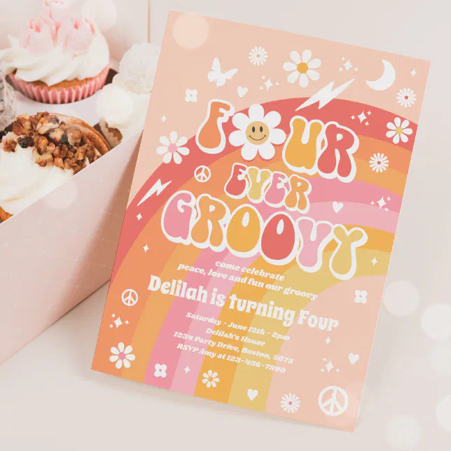 Four Ever Groovy Hippie 4th Birthday Party Invitation | Zazzle