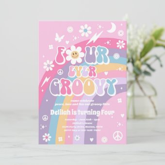 Four Ever Groovy Hippie Rainbow 4th Birthday Party Invitation | Zazzle