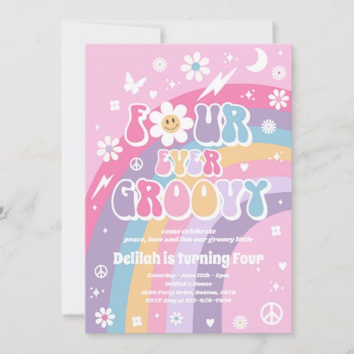 Four Ever Groovy Hippie Rainbow 4th Birthday Party Invitation | Zazzle