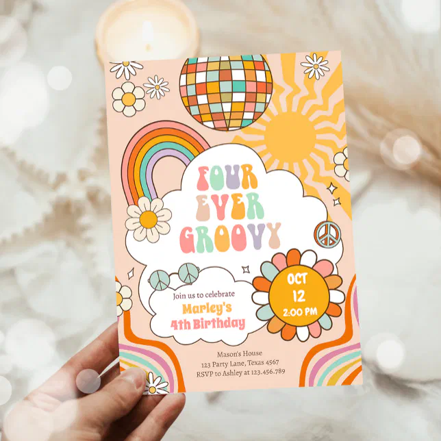 Four Ever Groovy Party Retro 70s Rainbow Birthday Invitation | Zazzle
