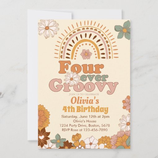 Four Ever Groovy Rainbow 4th Birthday Invitation | Zazzle