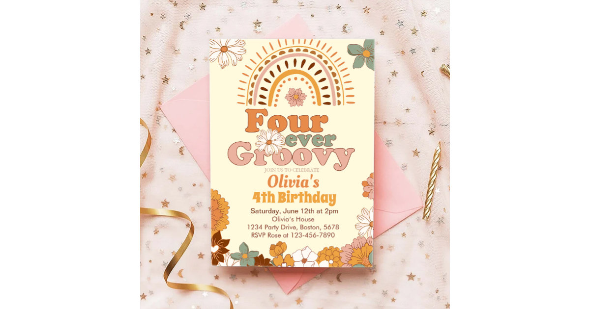 Four Ever Groovy Rainbow 4th Birthday Invitation | Zazzle