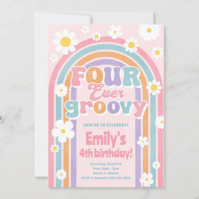 Four Ever Groovy Rainbow 4th Birthday Invitation | Zazzle