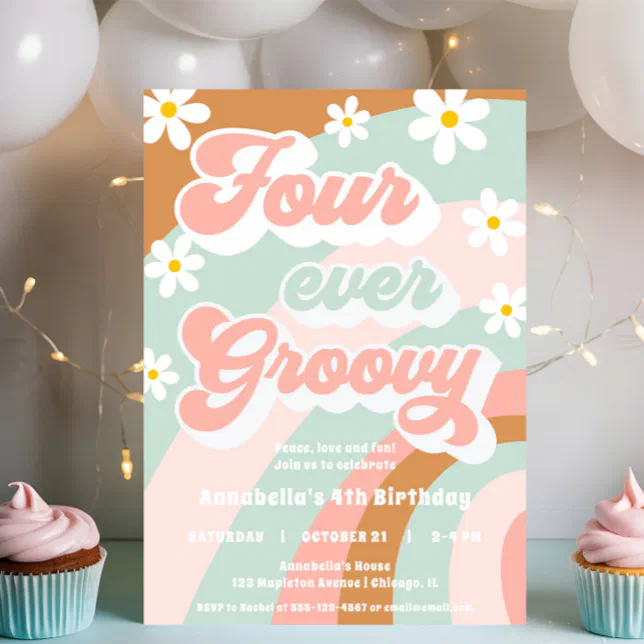 FOUR ever groovy Retro 4th birthday girl Invitation | Zazzle