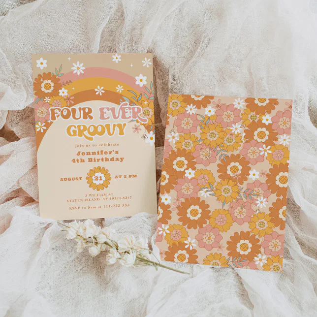 Four ever groovy retro birthday Invitation | Zazzle