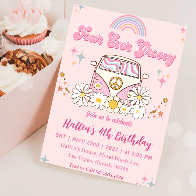 Four Ever Groovy Retro Boho Rainbow 4th Birthday Invitation | Zazzle
