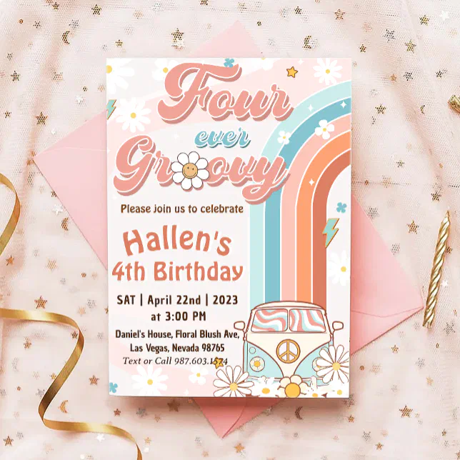 Four Ever Groovy Retro Boho Rainbow 4th Birthday Invitation | Zazzle