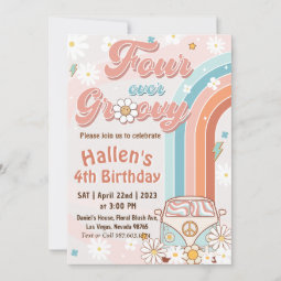 Four Ever Groovy Retro Boho Rainbow 4th Birthday Invitation | Zazzle