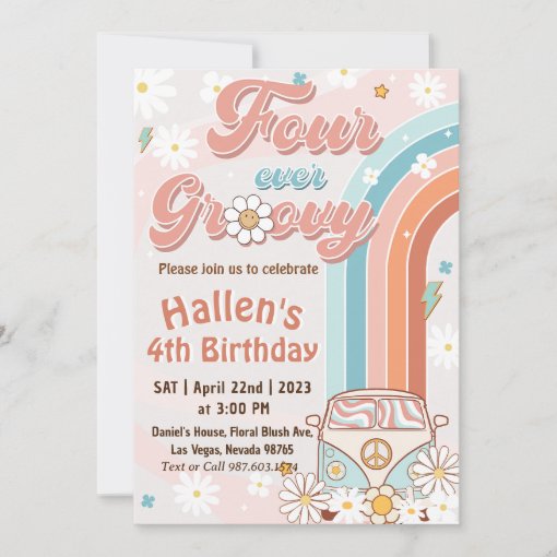 Four Ever Groovy Retro Boho Rainbow 4th Birthday Invitation | Zazzle