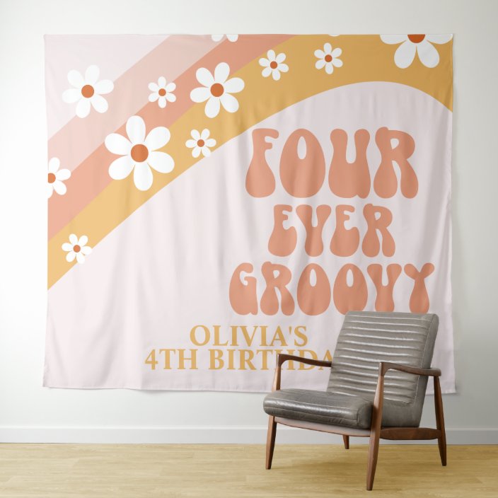 Four Ever Groovy Retro Daisy 4th Birthday Banner Tapestry | Zazzle