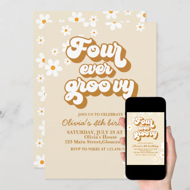 Four Ever Groovy Retro Daisy 4th Birthday Invitation | Zazzle