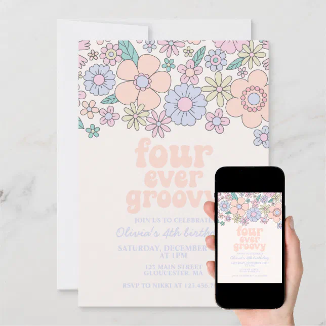 Four Ever Groovy Retro Floral 4th birthday Invitation | Zazzle